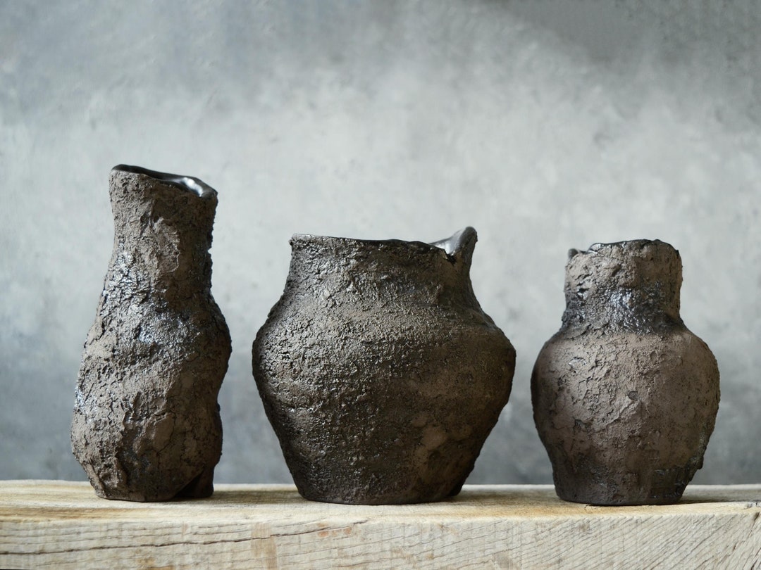 Primitive Pottery Japanese Vase, Black Minimalist Wabi Sabi, Raw ...