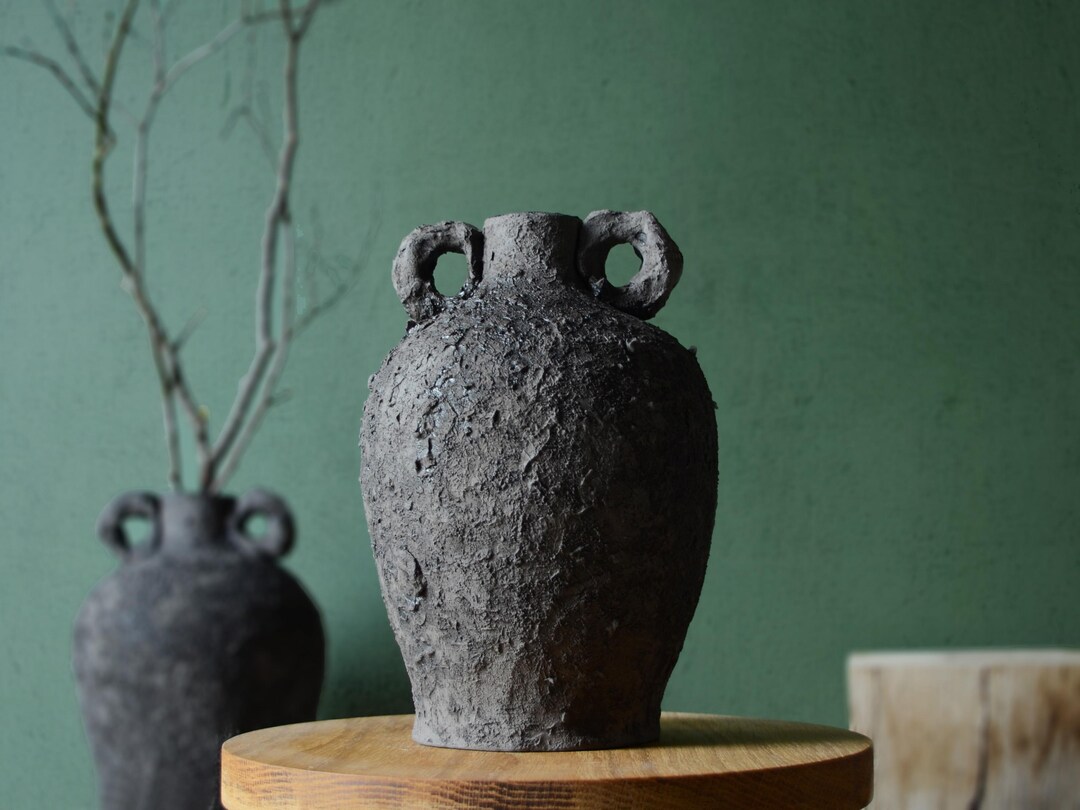 Black Rustic Amphora, Large Ceramic Vase, Wabi Sabi Table Decor, Primitive Pottery, Raw ...
