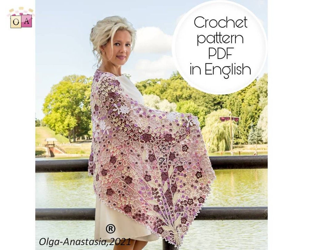 Crochet Pattern- Irish Lace Shawl, Wedding Scarf of Flowers, Shawl ...