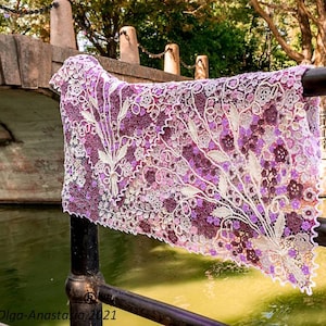 Crochet Pattern- Irish Lace Shawl, Wedding Scarf of Flowers, Shawl ...