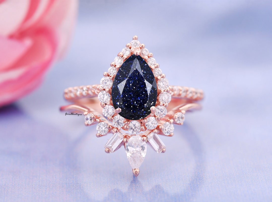Vintage Blue Sandstone Engagement Ring Set, 14K Solid Gold Pear Cut ...
