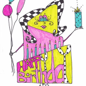 Happy Birthday, Funky Birthday Card, Cake Card, Trendy Chic, Whimsical ...