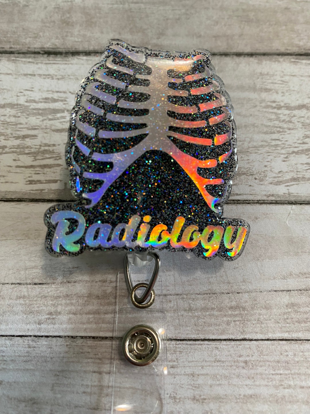 Badge Reel and Topper Radiology Rib Cage, Holographic, Black, Nurse ...