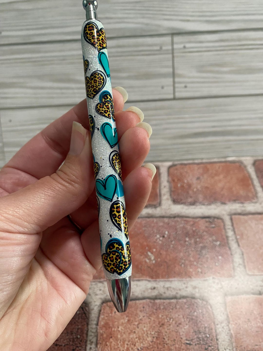 Teal Hearts and Leopard Print Hearts Over White Glitter Custom Gel Pen ...