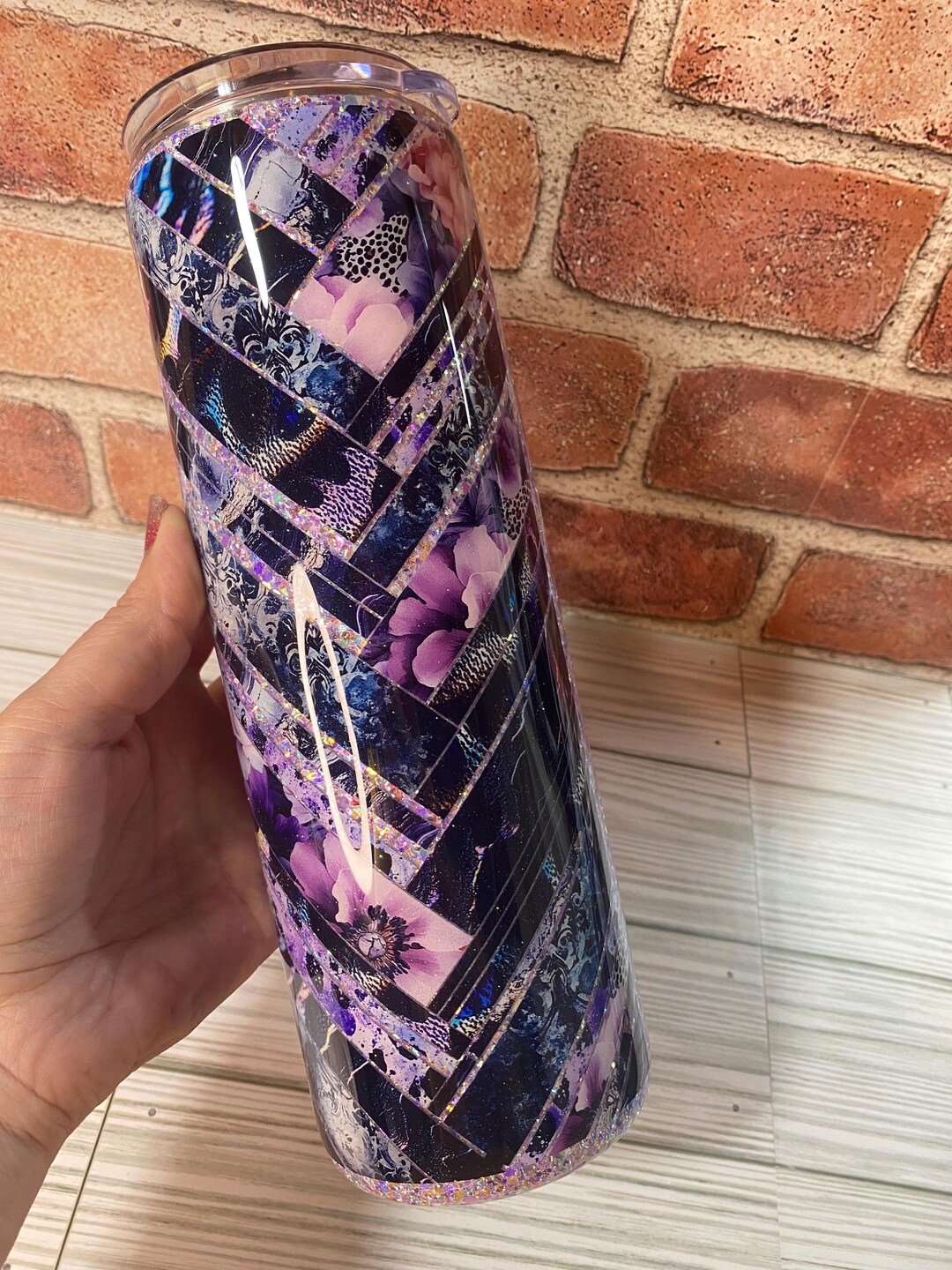 Purple Floral Braided Design Glitter Epoxy Drinking Tumbler Custom Cup ...