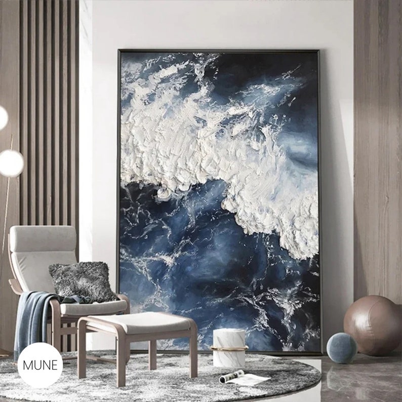 Ocean Waves Large Framed Wall Art Blue & White Coastal Decor With Ocean ...