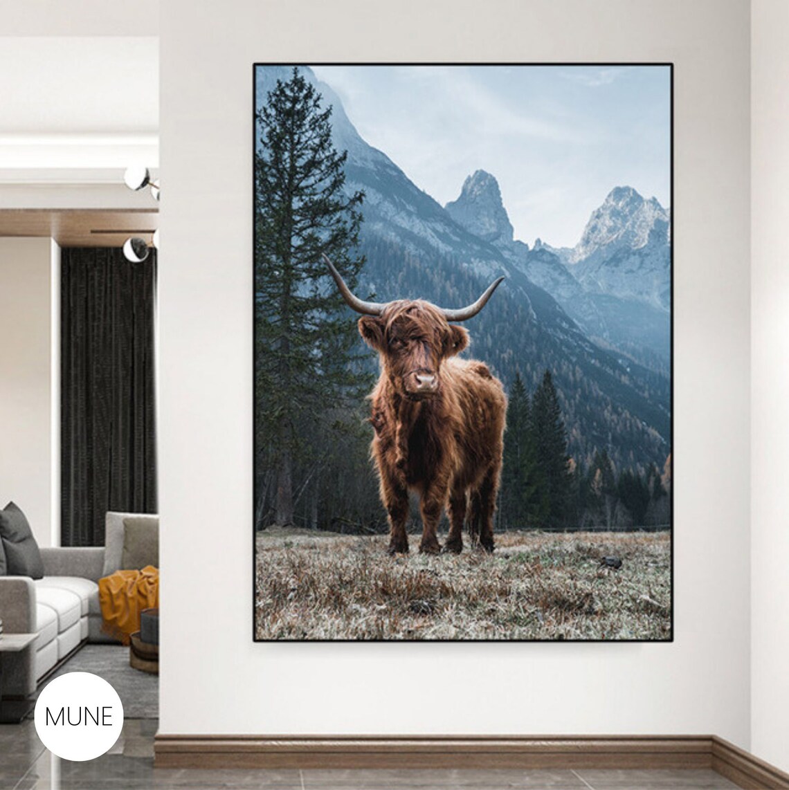 Large Highland Cow Print, Farmhouse Wall Decor, Coloured Rustic Cow ...