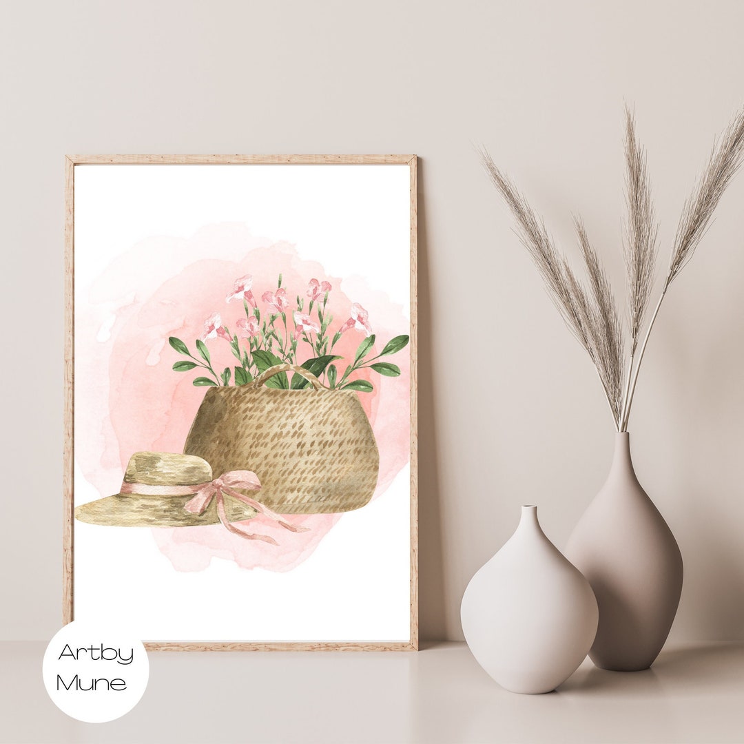 Floral Watercolor Framed Poster, Pastel Flower Basket Print, Botanical ...