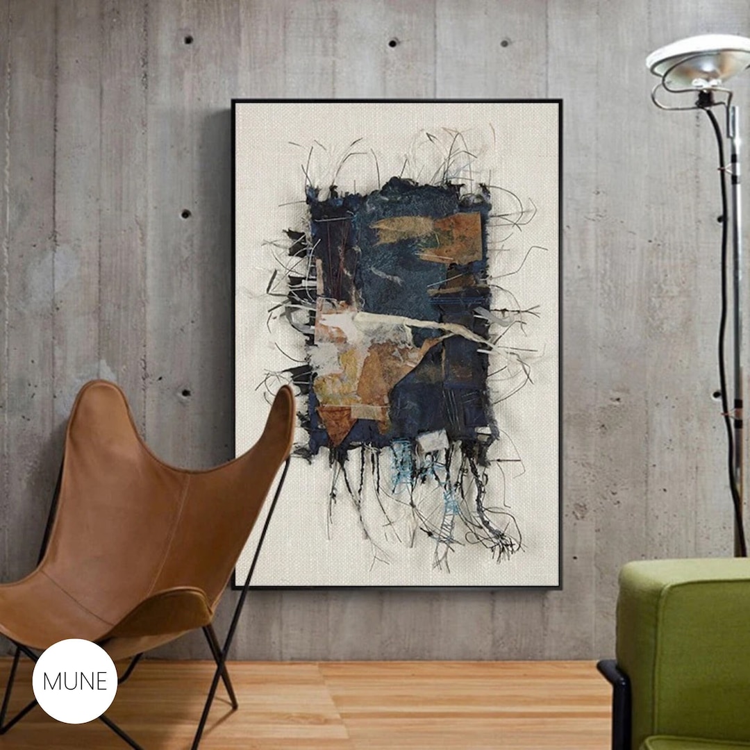 Mid Century Modern Wall Art - Abstract Framed Fabric Texture Painting ...