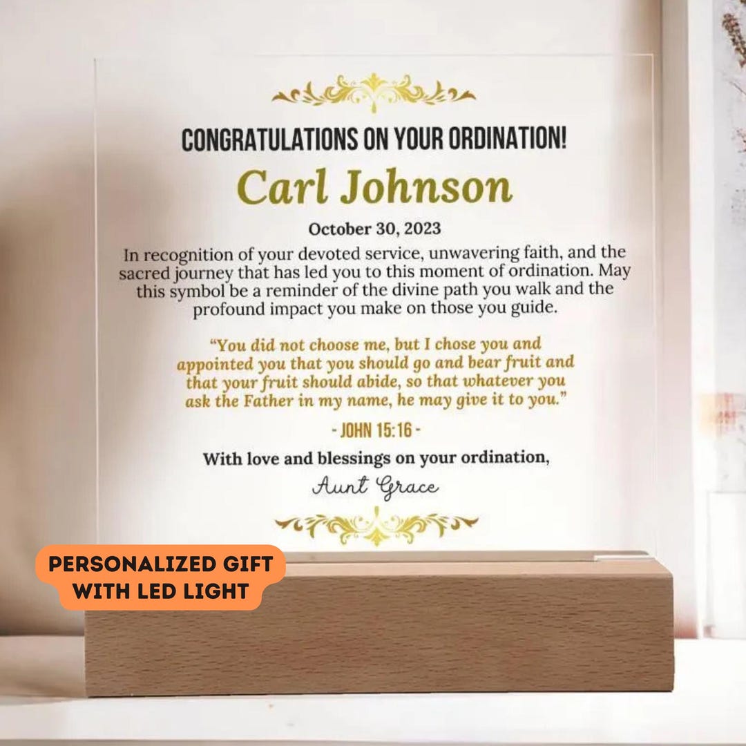 Personalized Ordination Acrylic Plaque With LED Light: Pastor, Deacon ...