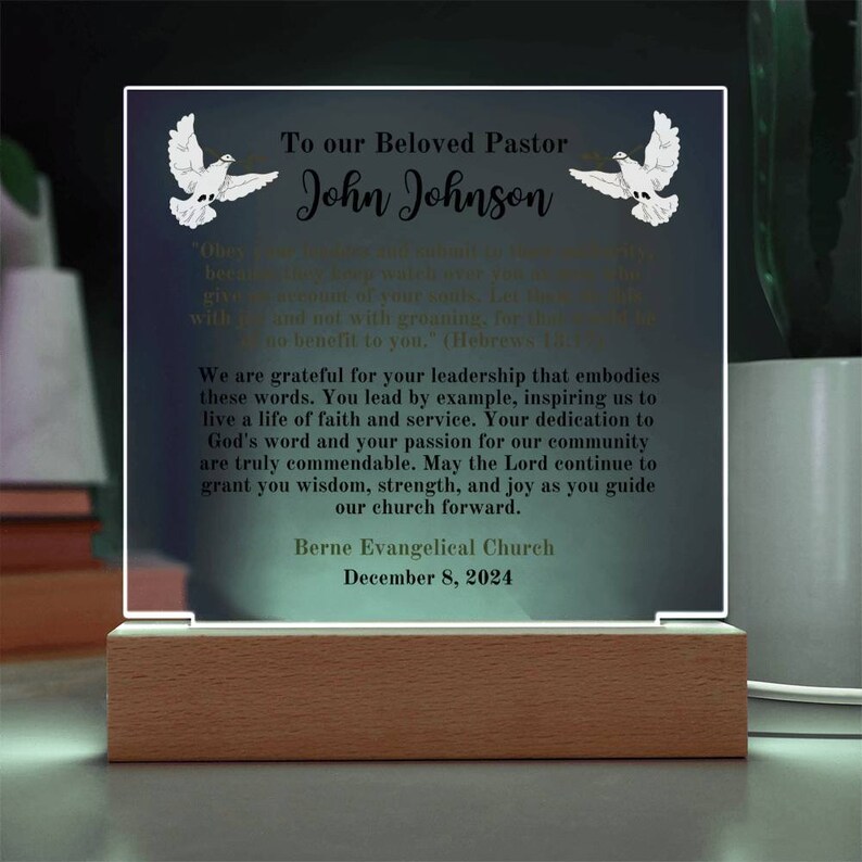 Personalized Pastor Appreciation Acrylic Plaque With LED Light - Etsy