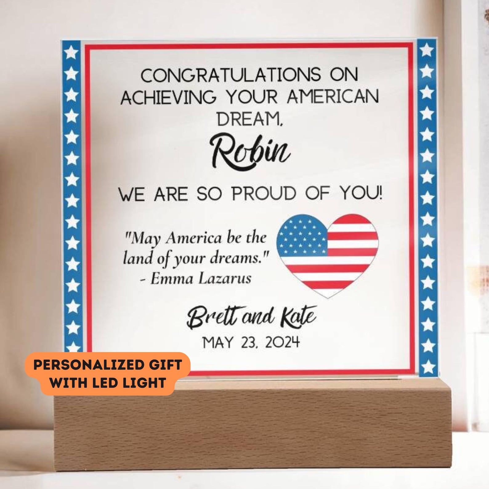 Personalized New Citizen Acrylic Plaque: USA Citizenship Gift With LED ...