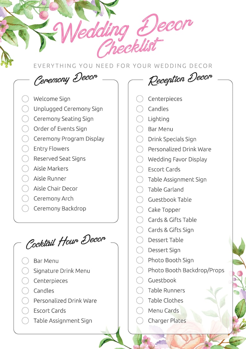 Wedding Decor Checklist, Printable Template, Wedding Planning, Wedding ...