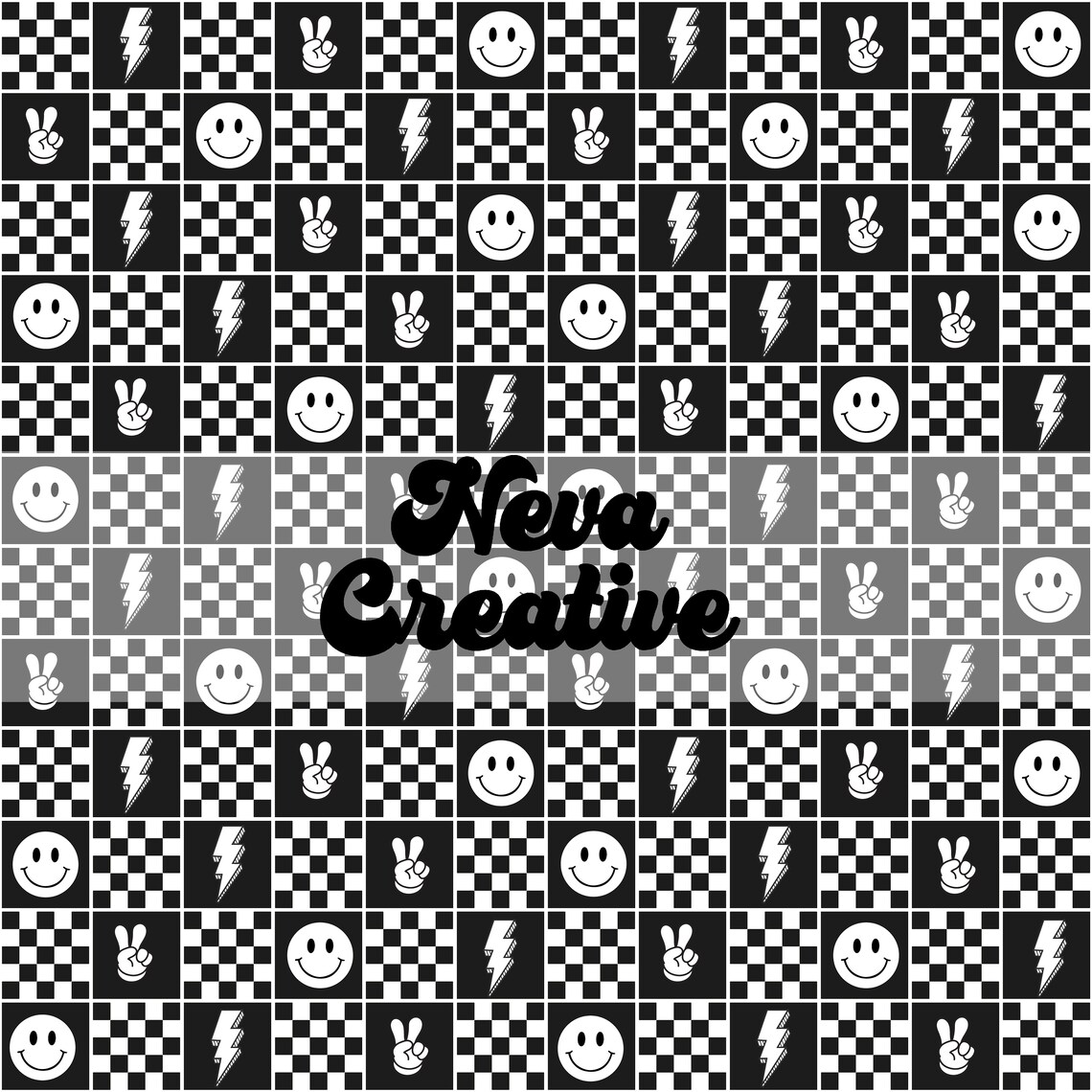 Bolt Smiley Face Checkered Pattern, Retro Black Smiley Digital Paper ...
