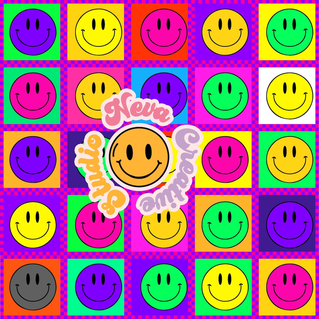 Checkered Neon Smiley Face Fabric: Retro Pattern (digital Download) - Etsy