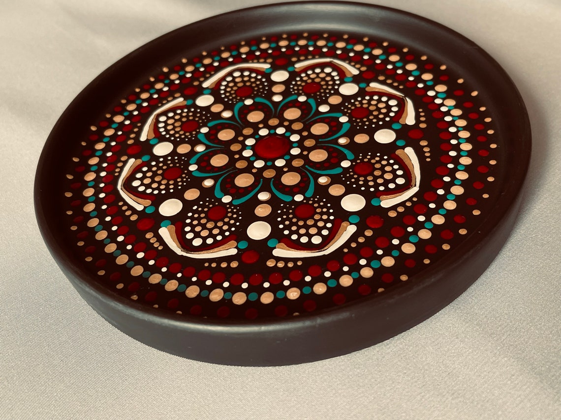 Medium Round and Handmade Mandala Dotting Tray Dark Red, Gold, Beige ...