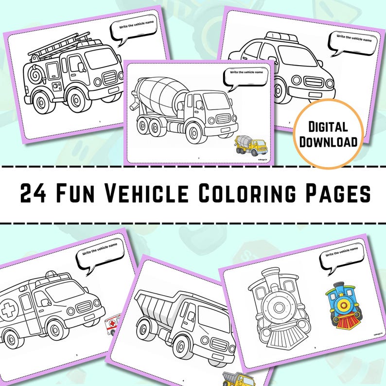 24 Fun Vehicle Coloring Pages Printable Coloring Book for Kids Cars ...