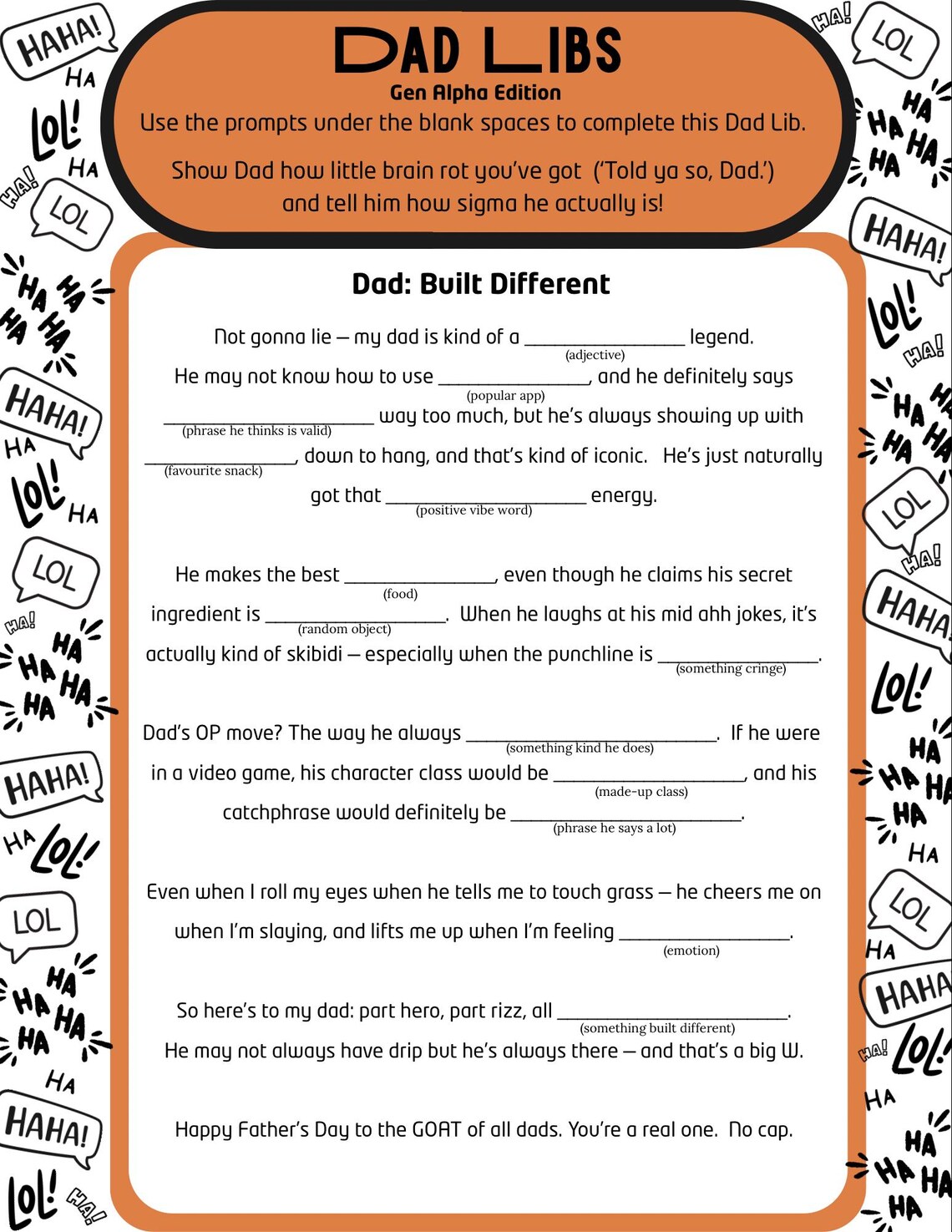 Father's Day - Dad Libs - Teen/gen Alpha Edition - Etsy