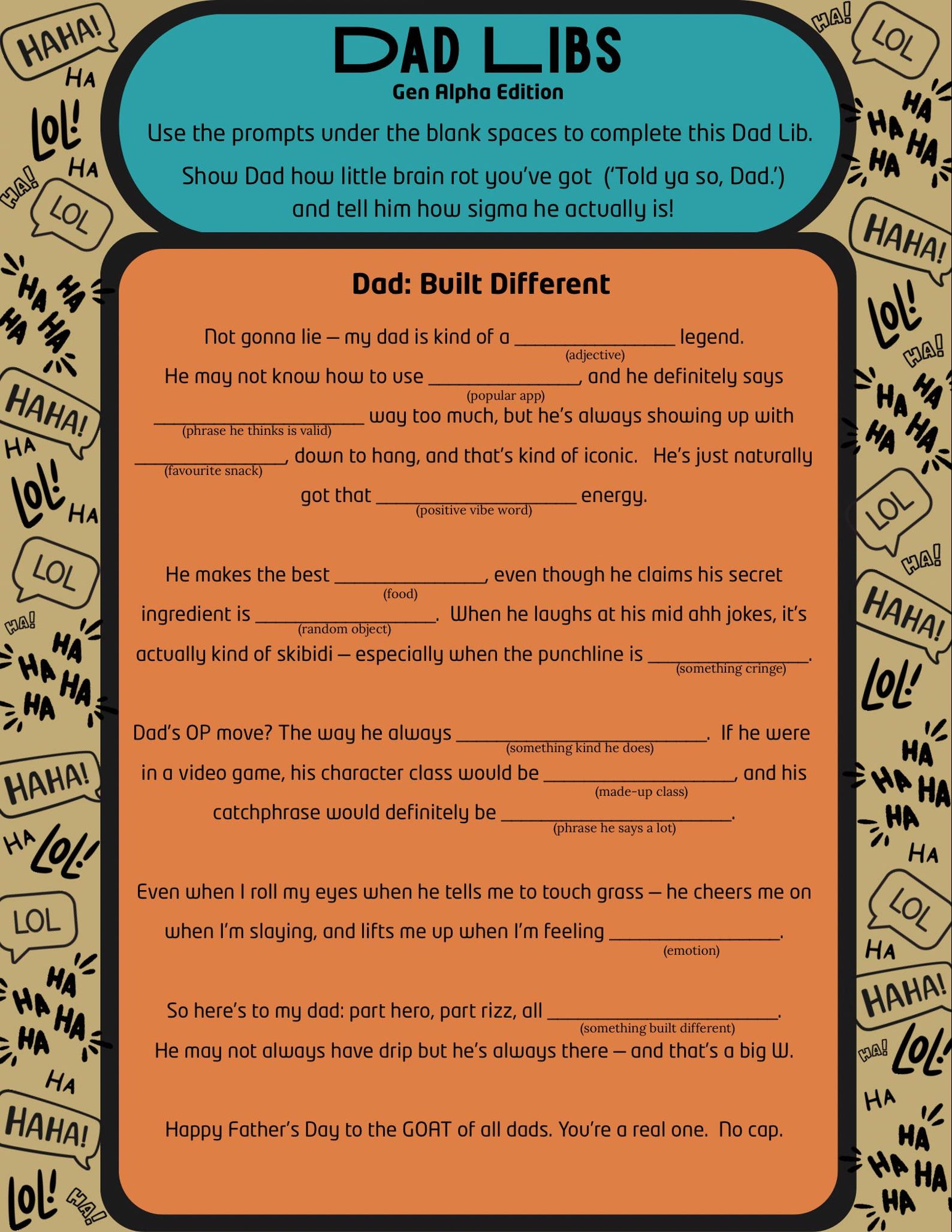 Father's Day - Dad Libs - Teen/gen Alpha Edition - Etsy