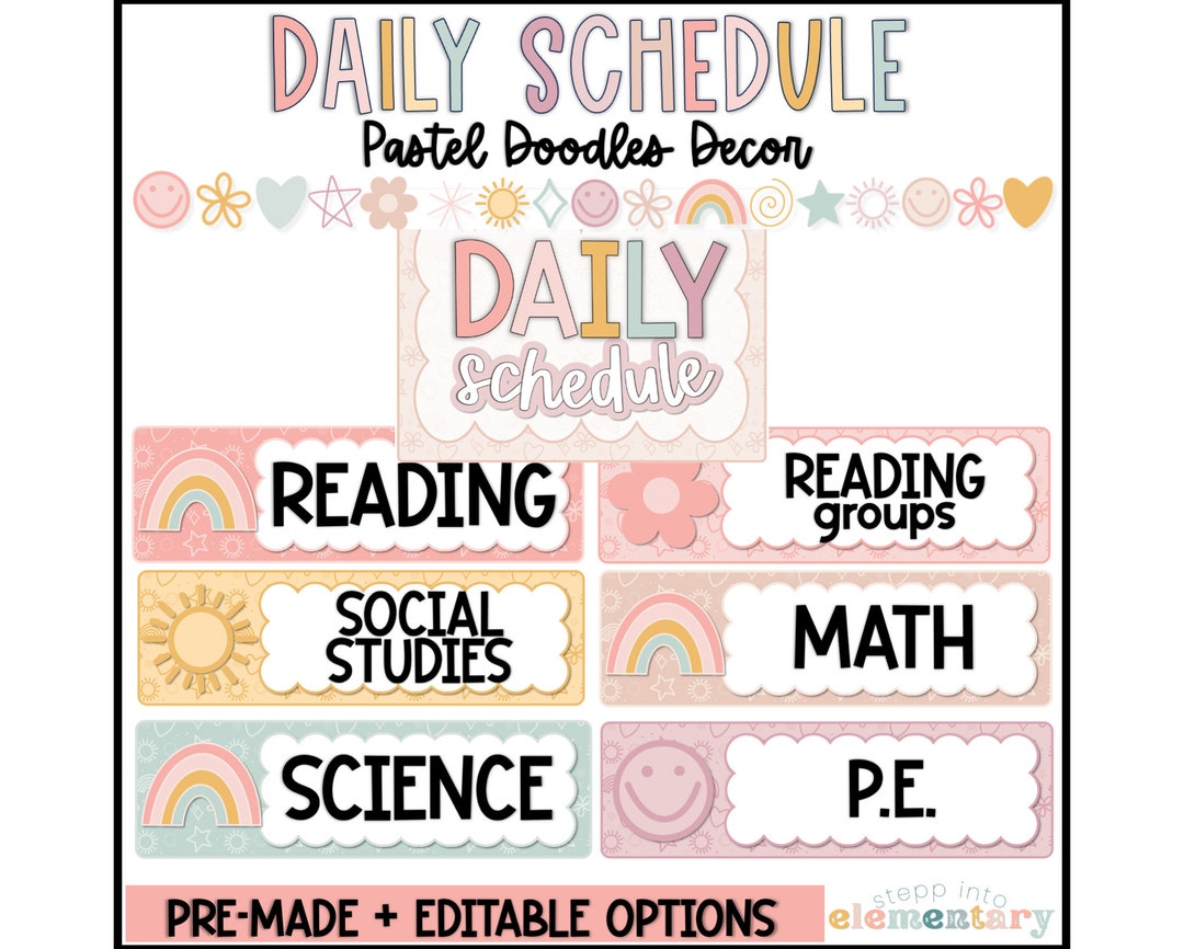 Pastel Doodles Daily Schedule Display & Cards | Editable | Trendy ...