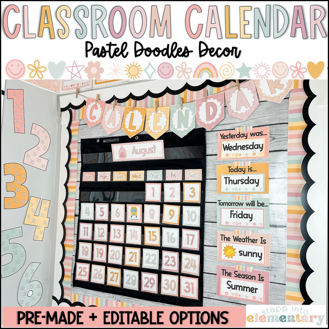 Pastel Doodles Classroom Calendar Set | Pocket Chart | Trendy + Simple ...
