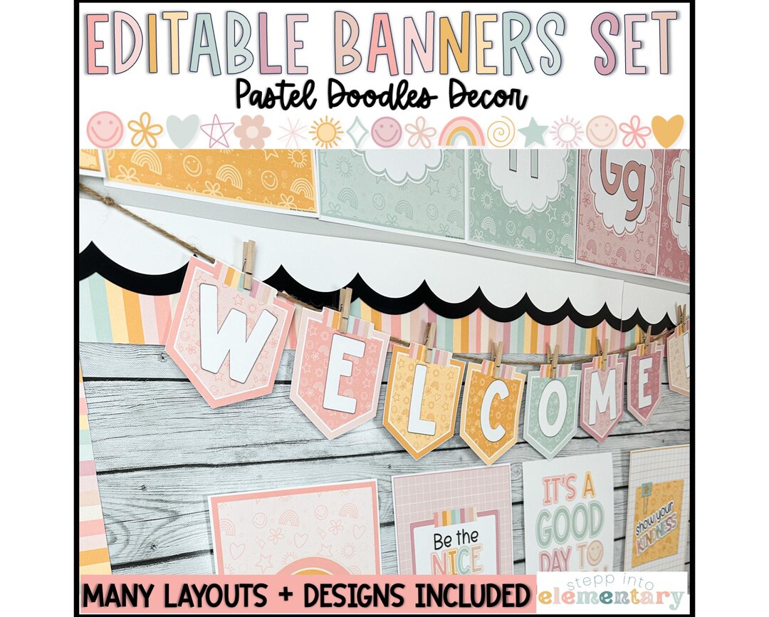 Pastel Doodles Editable Banner Set | Bulletin Board | Trendy + Simple ...
