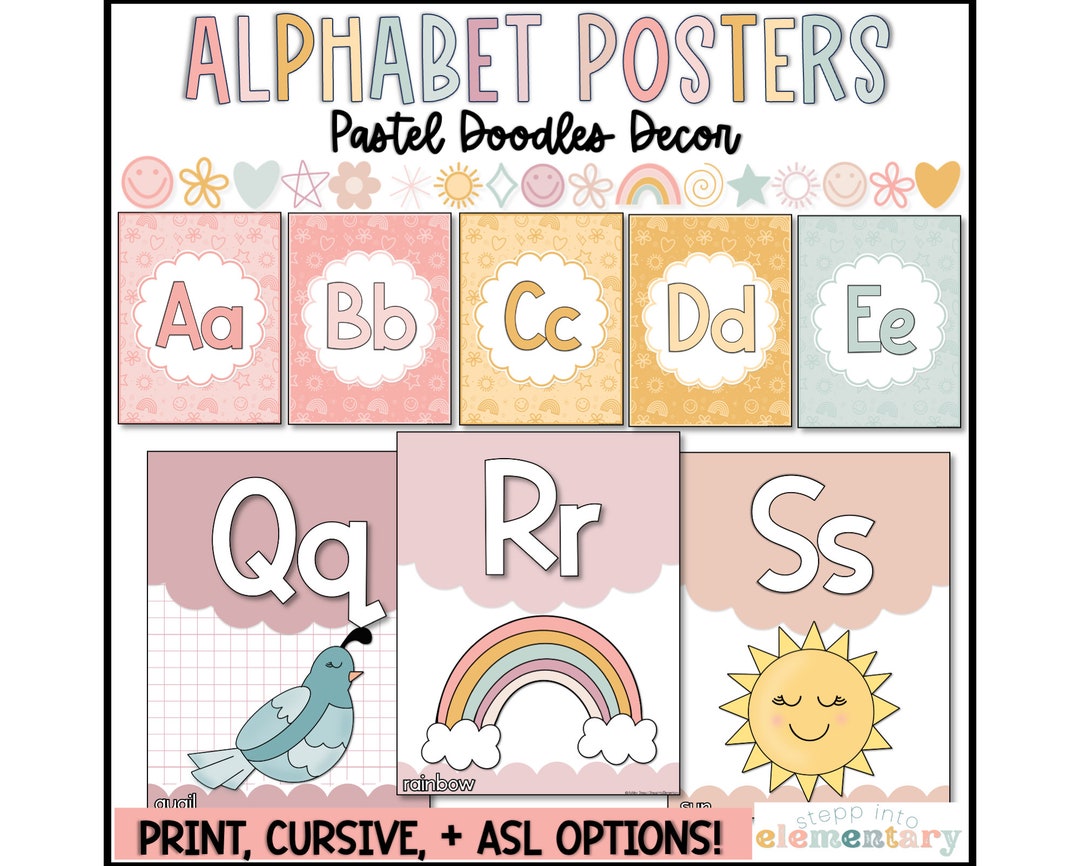 Pastel Doodles Alphabet Posters | Print + Cursive Alphabet | Editable ...