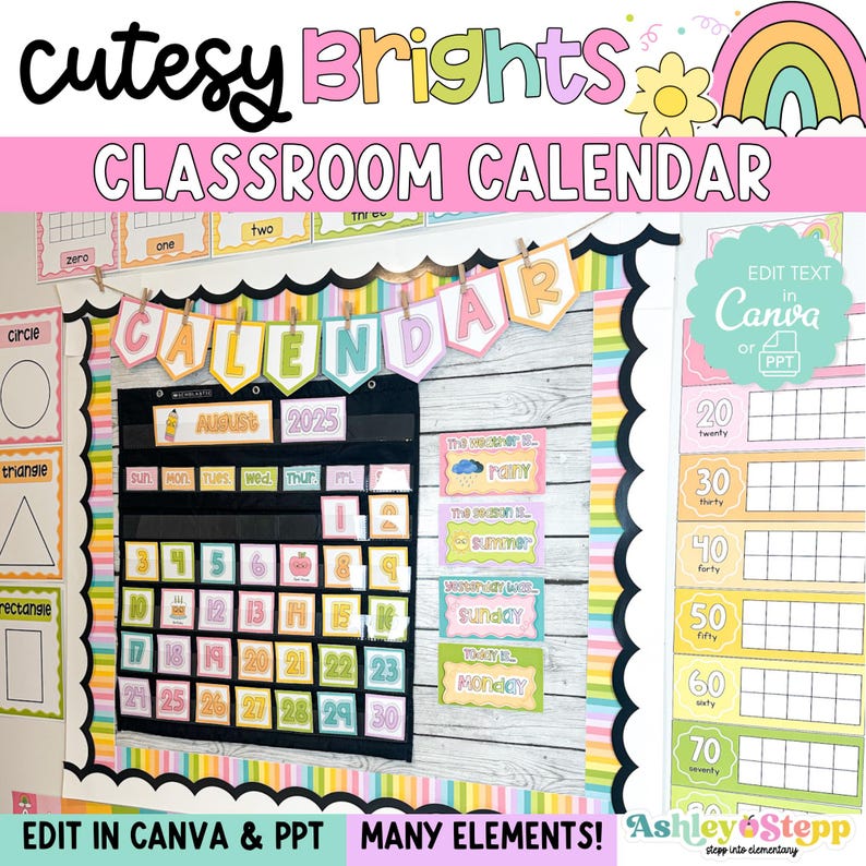 Cutesy Brights Classroom Calendar Set | Pocket Chart | Bright + Pastel ...