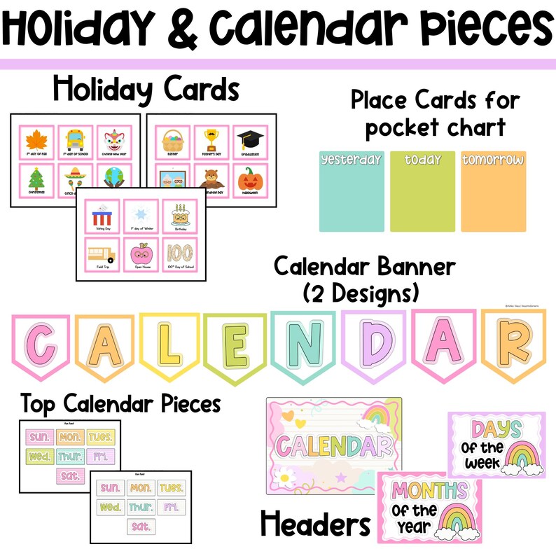 Cutesy Brights Classroom Calendar Set | Pocket Chart | Bright + Pastel ...