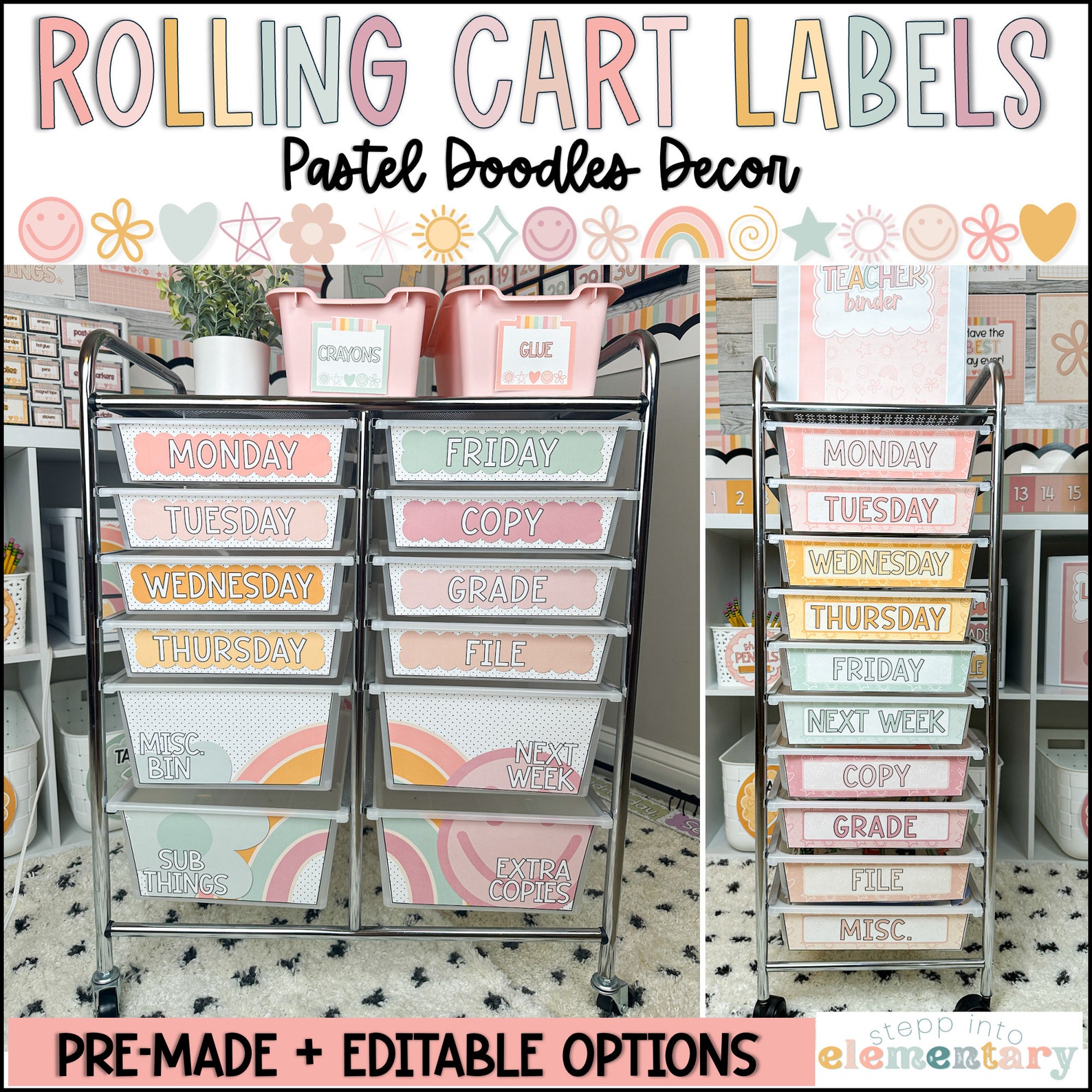 Pastel Doodles Rolling Cart Labels | Teacher Classroom Decor (digital ...