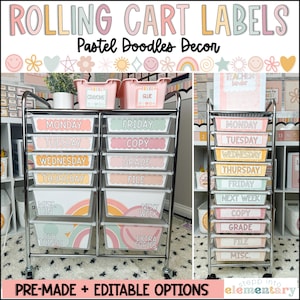 Pastel Doodles Rolling Cart Labels | Teacher Cart | Classroom ...