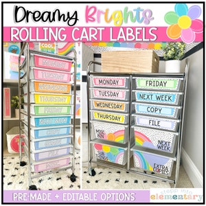 Dreamy Brights Rolling Cart Labels Teacher Cart Classroom Organization ...