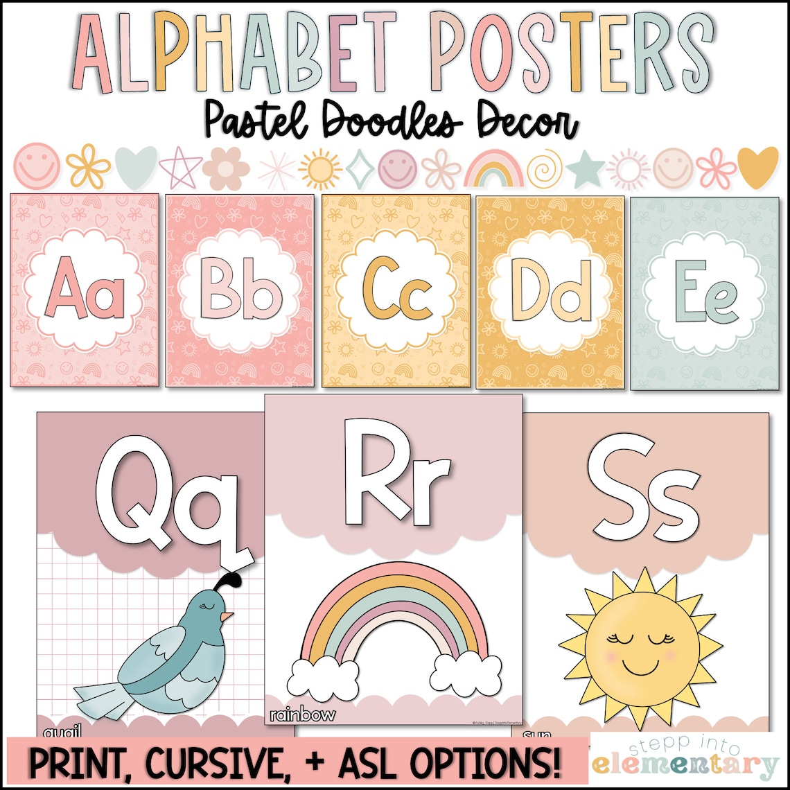 Pastel Doodles Alphabet Posters | Print + Cursive Alphabet | Editable ...