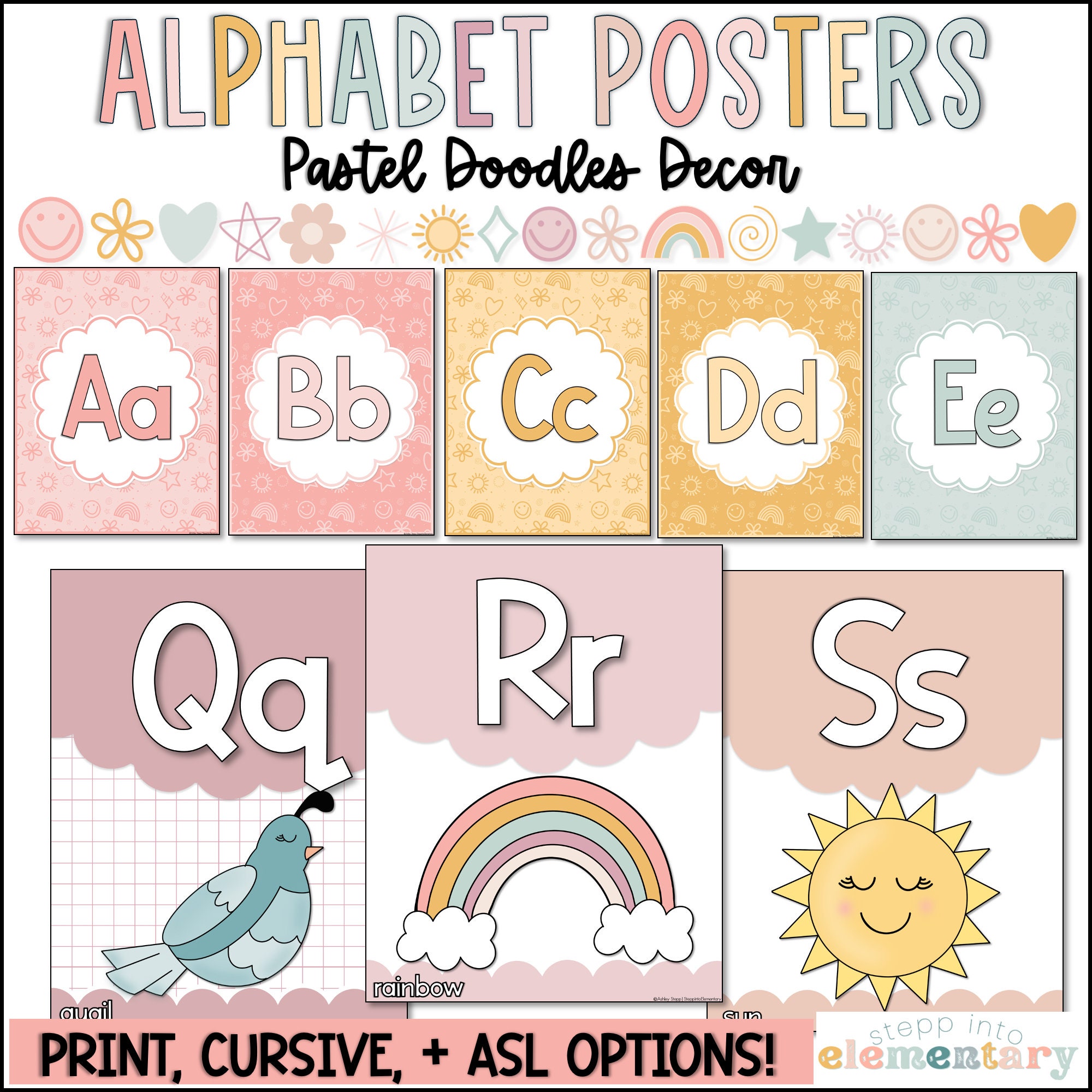 Pastel Doodles Alphabet Posters | Print + Cursive Alphabet | Editable ...