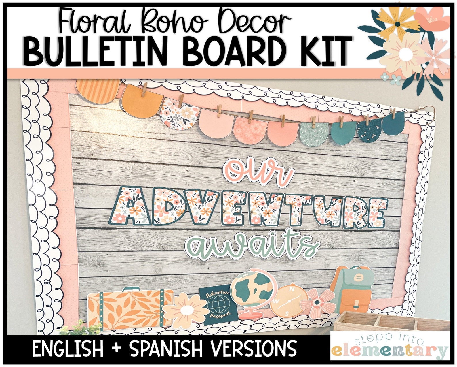 Floral Boho Bulletin Board Kit Back to School Bulletin Board Boho ...