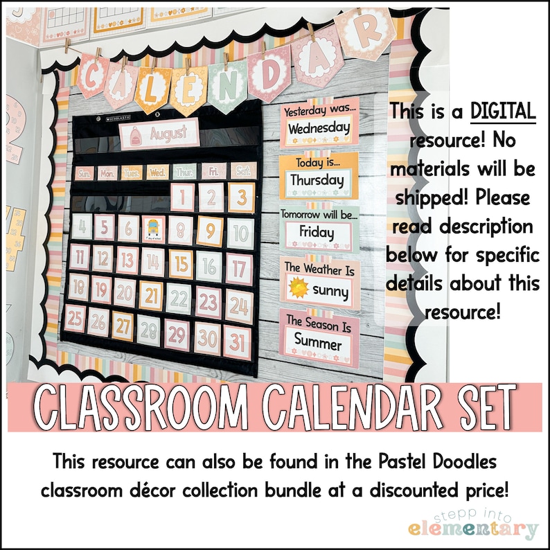 Pastel Doodles Classroom Calendar Set | Pocket Chart Decor (digital ...