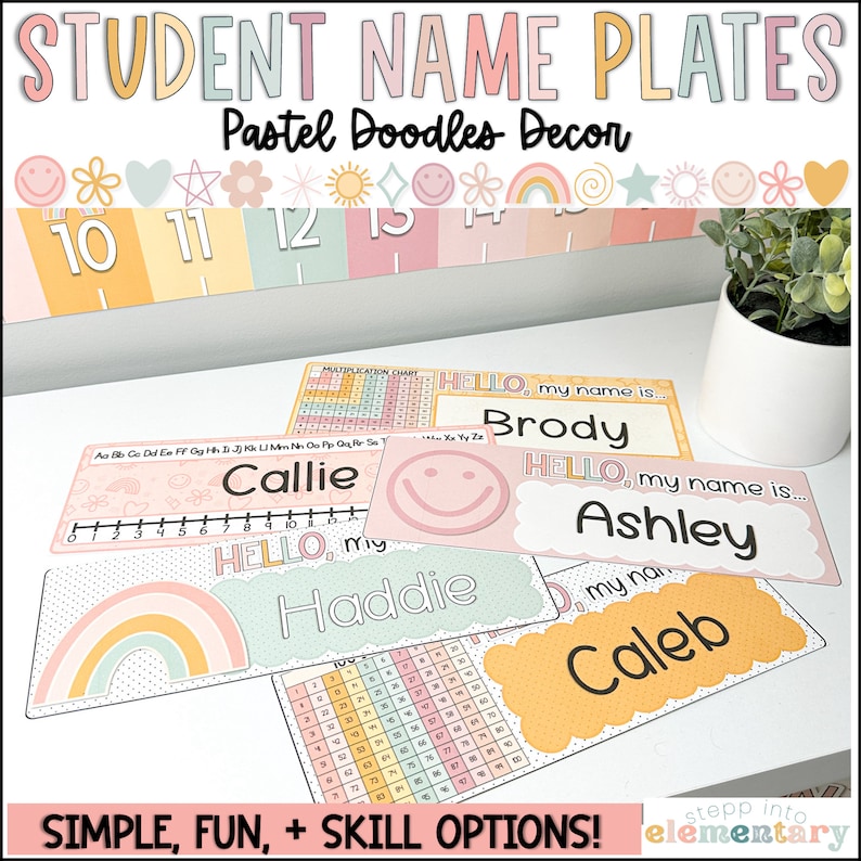Pastel Doodles Student Name Plates | Desk Plate Tags | Editable ...