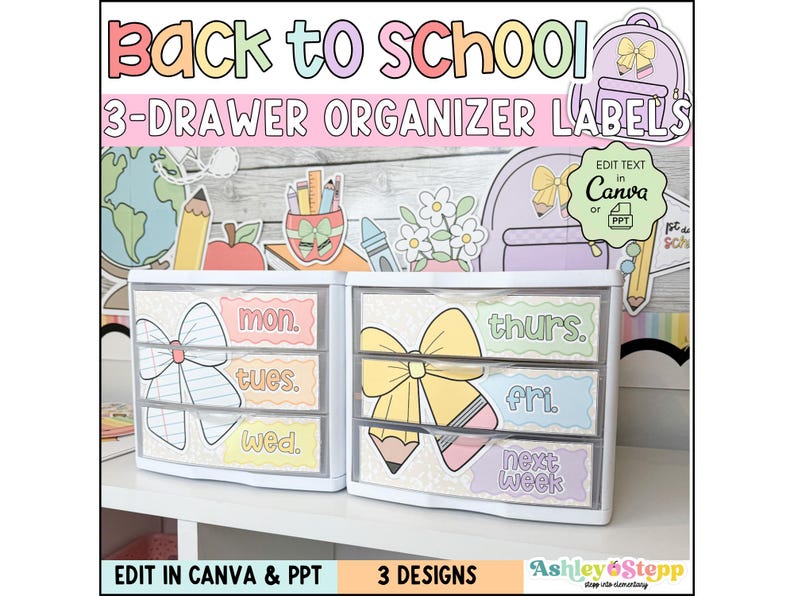 Pastel Bow 3-drawer Organizer Labels | Teacher Classroom Decor (digital ...