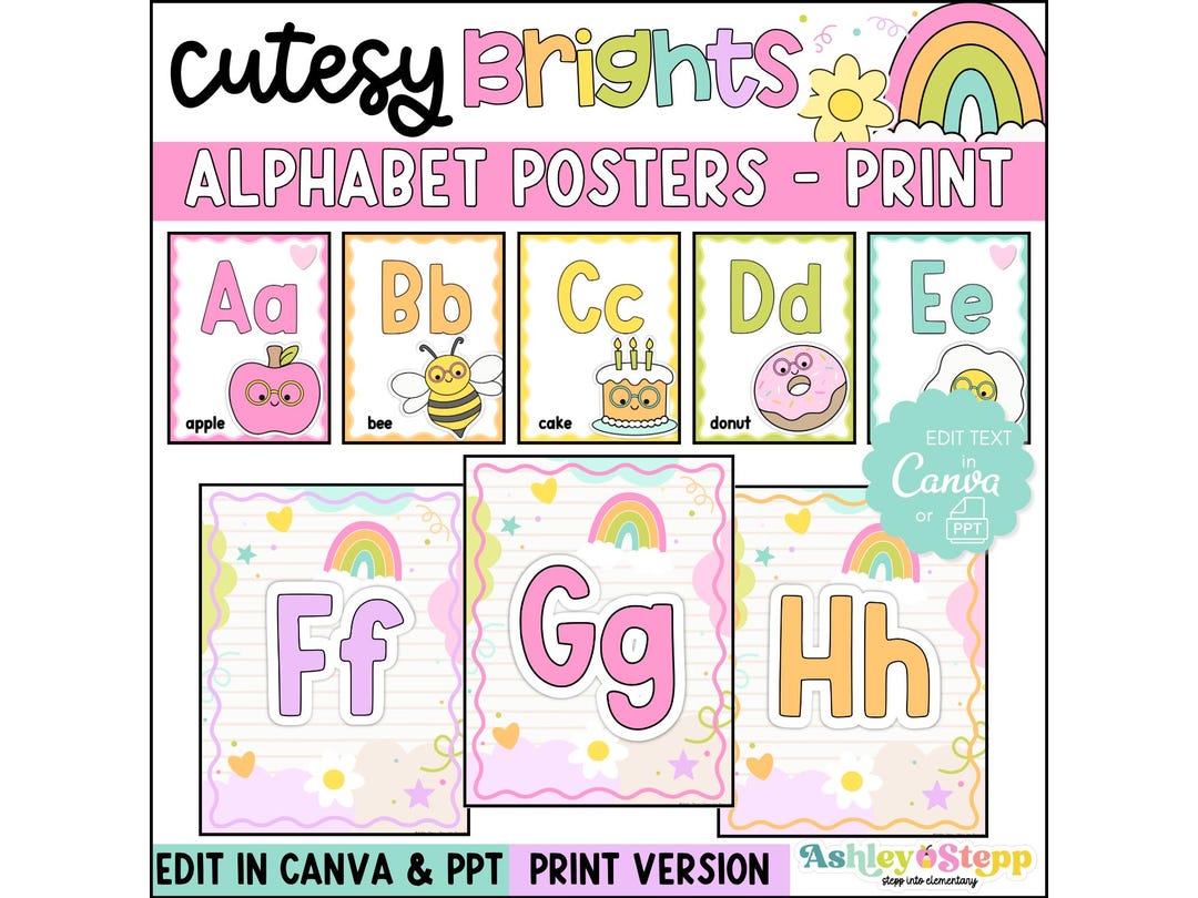 Cutesy Brights Alphabet Posters | Print Alphabet | Editable | Bright ...