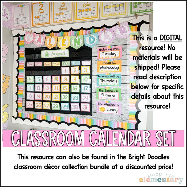 Bright Doodles Classroom Calendar Set | Pocket Chart (digital Download ...