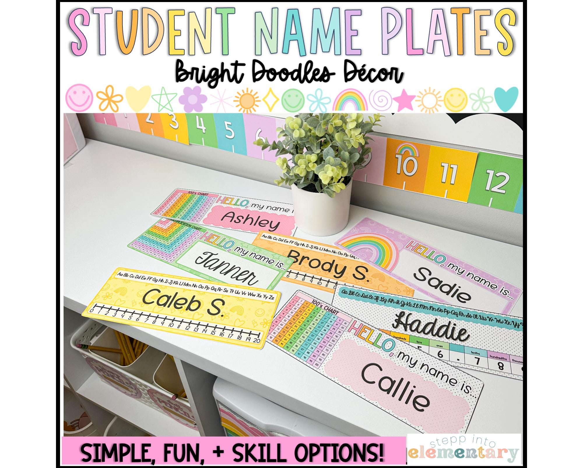 Bright Doodles Student Name Plates | Desk Plate Tags | Editable ...
