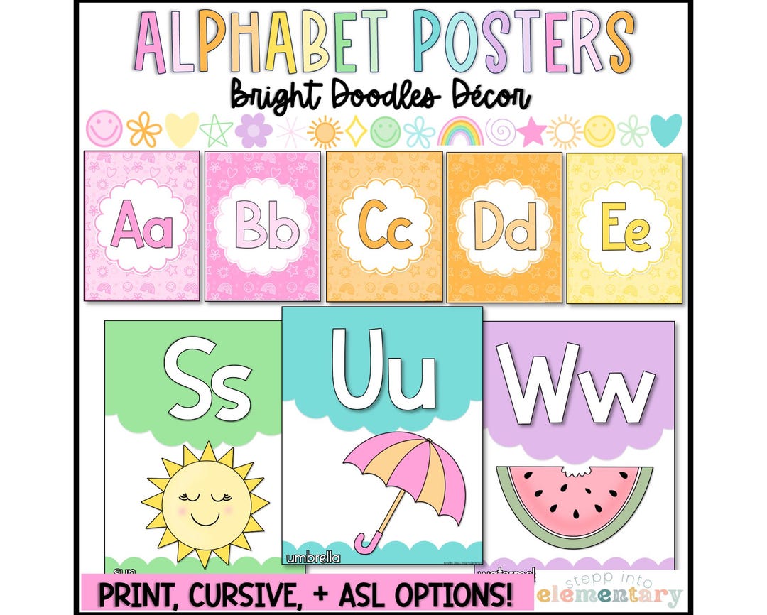 Bright Doodles Alphabet Posters | Print + Cursive Alphabet | Editable ...