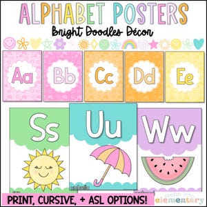Bright Doodles Alphabet Posters | Print + Cursive Alphabet | Editable ...