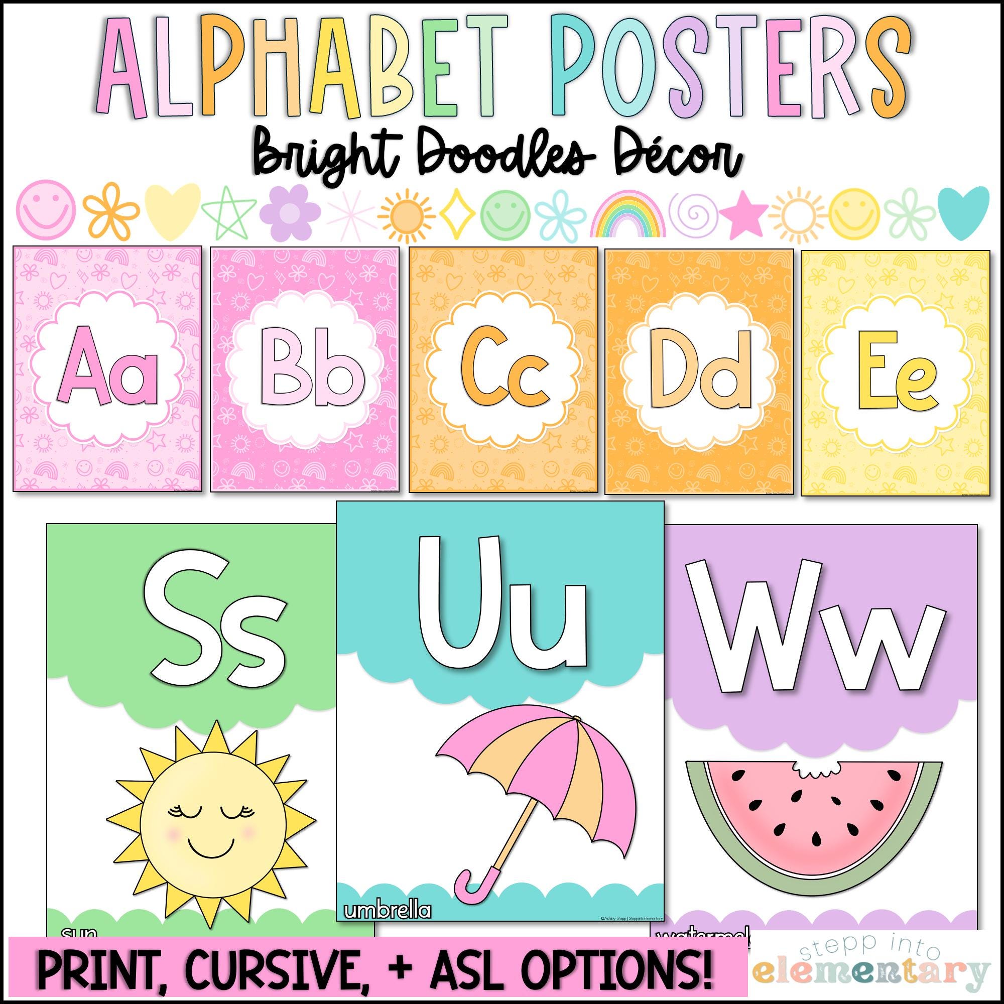 Bright Doodles Alphabet Posters | Print, Cursive & ASL (digital ...