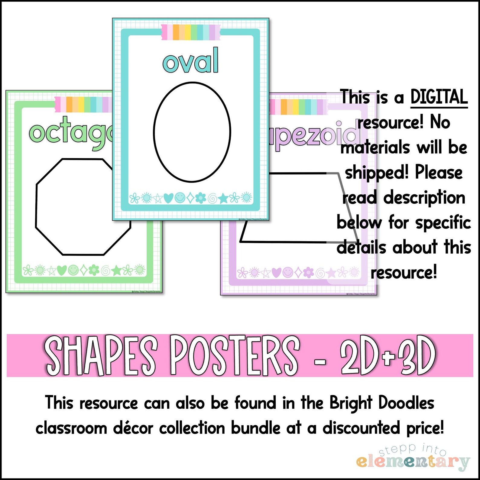 Bright Doodles Shape Posters | 2D 3D Classroom Decor (digital Download ...