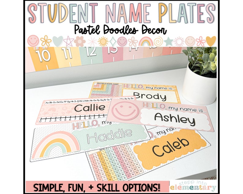Pastel Doodles Student Name Plates | Desk Plate Tags | Editable ...