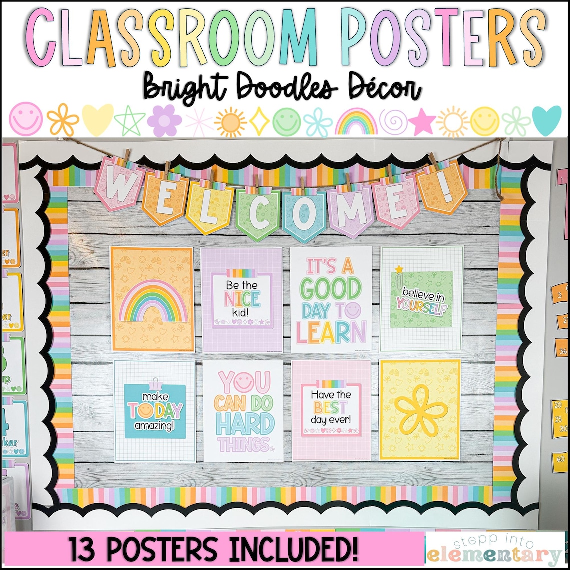 Bright Doodles Classroom Posters Set | Bulletin Board | Trendy + Simple ...