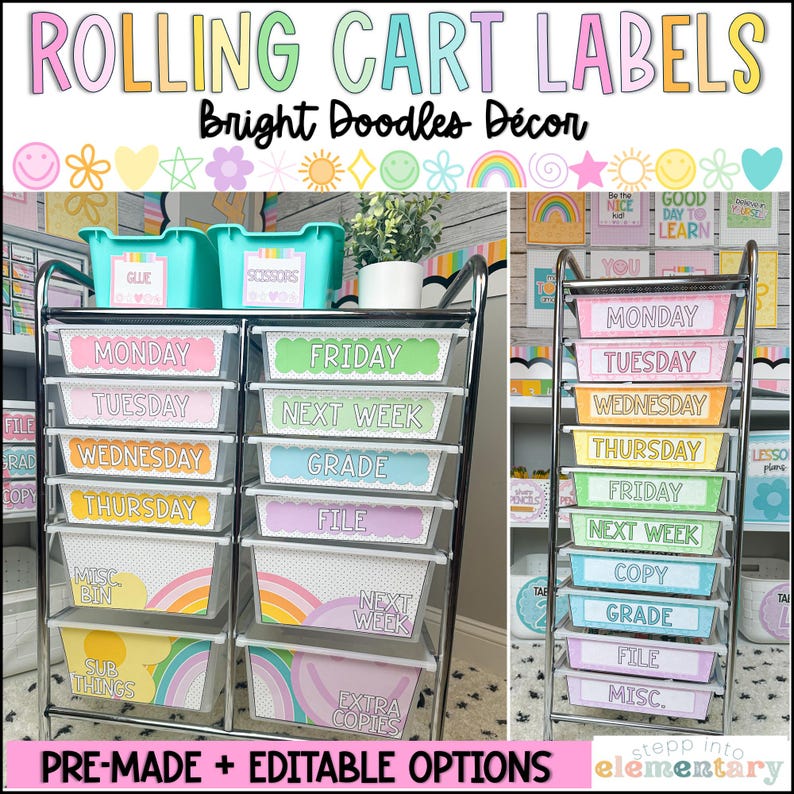 Bright Doodles Rolling Cart Labels | Editable Teacher Organization ...
