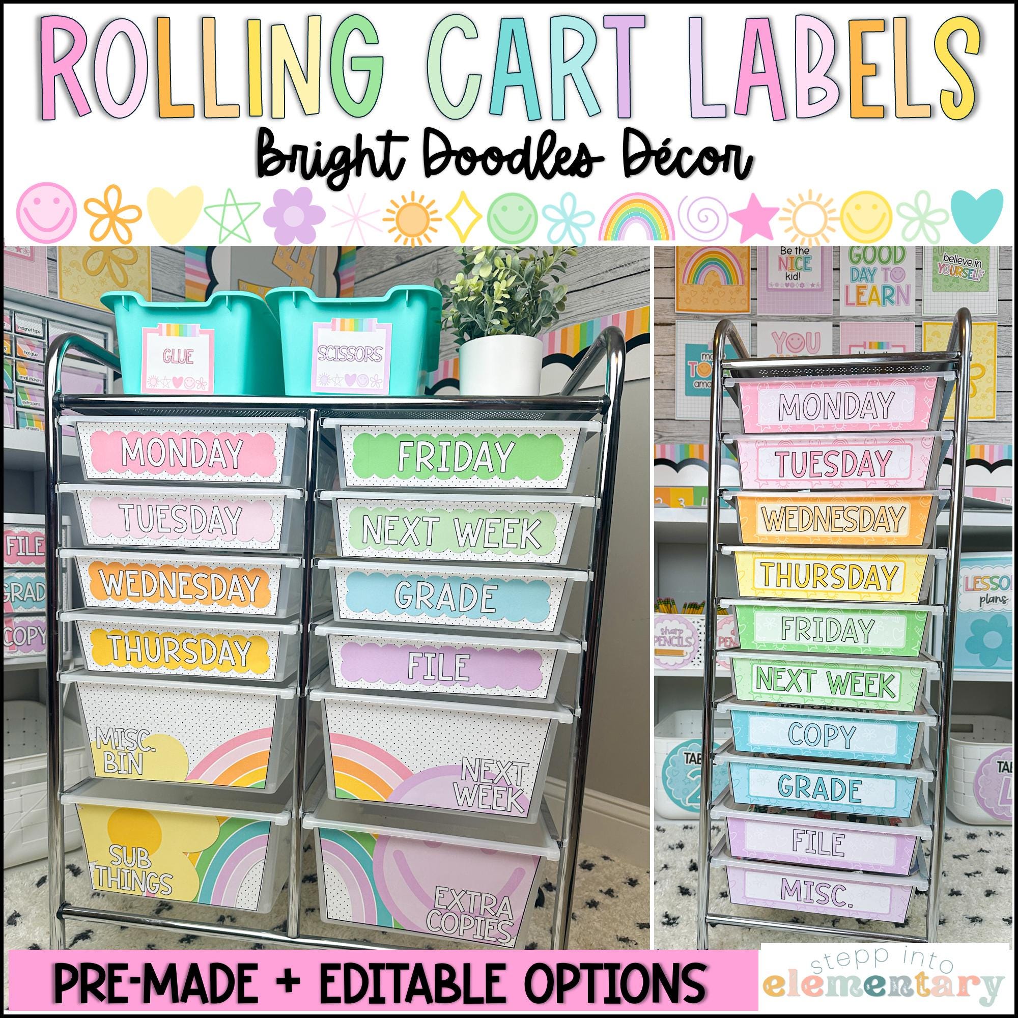 Bright Doodles Rolling Cart Labels | Editable Teacher Organization ...