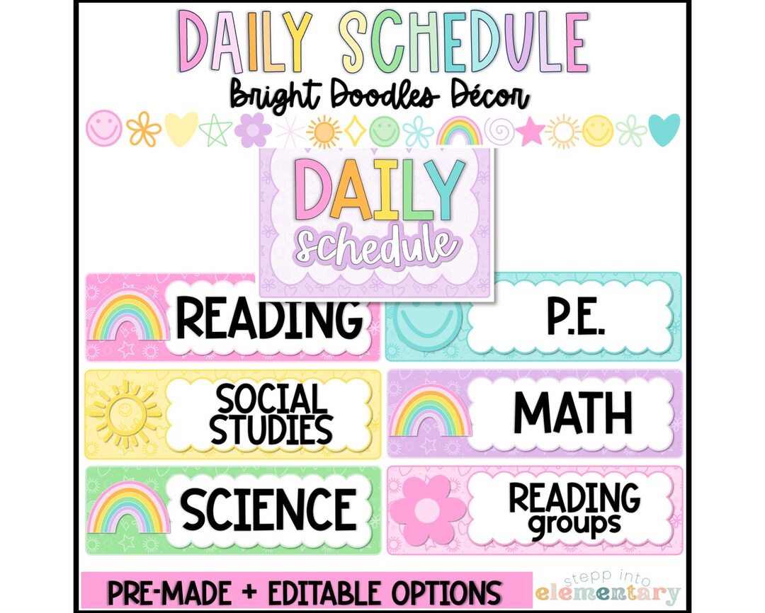 Bright Doodles Daily Schedule Display & Cards | Editable | Trendy ...